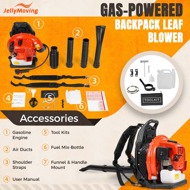 Upgraded 63CC 2-Stroke 665CFM 205MPH Backpack Gas Leaf Blower | JellyMoving